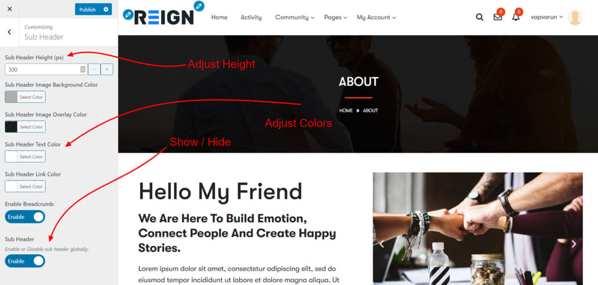 Theme Sub Header Configuration | Reign Theme - Sub Header Styling ...