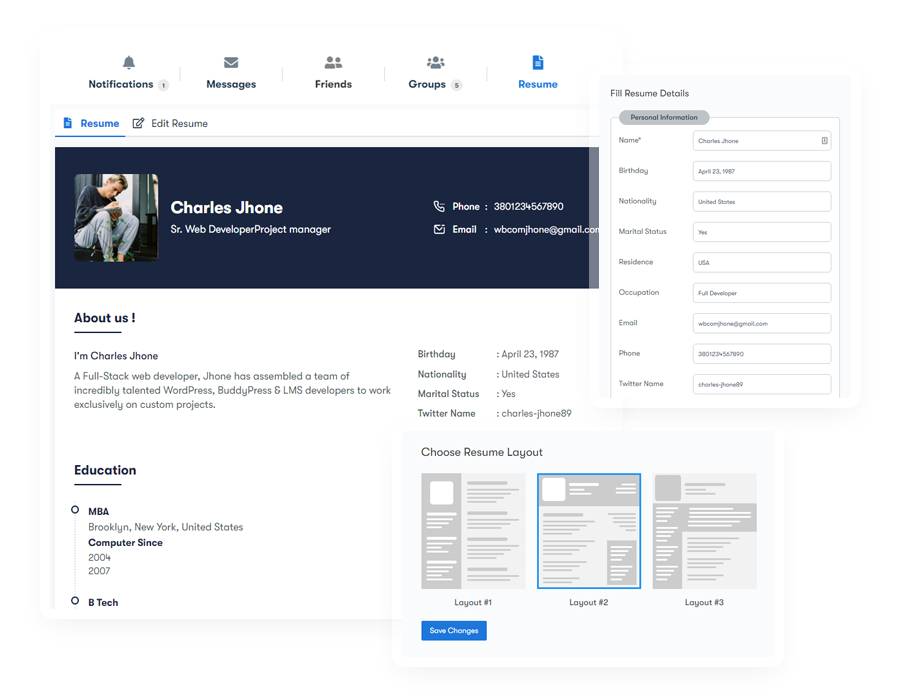 BuddyPress Resume Manager - Design User Portfolio - Wbcom Designs
